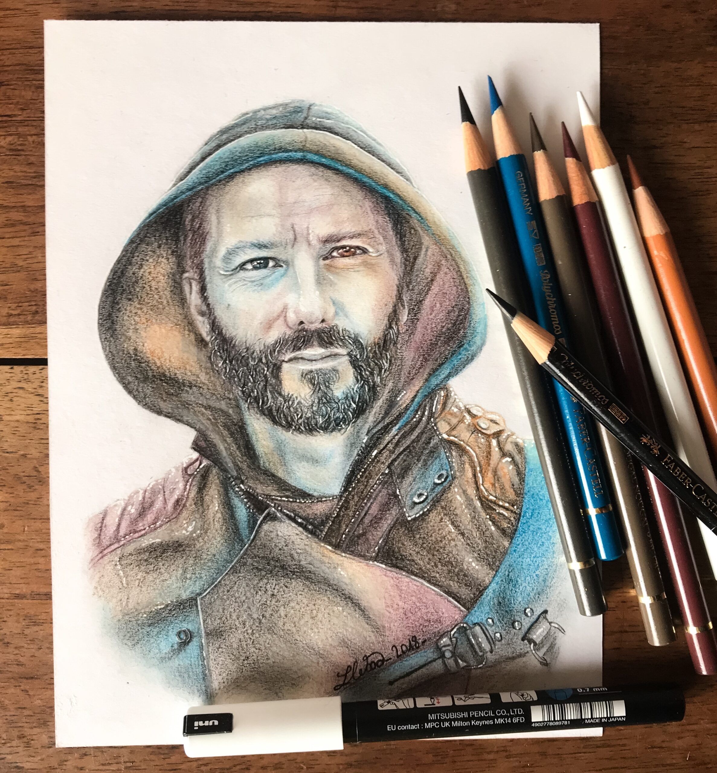 Blue and sepia Doug - Original illustration - Lux Wood Art